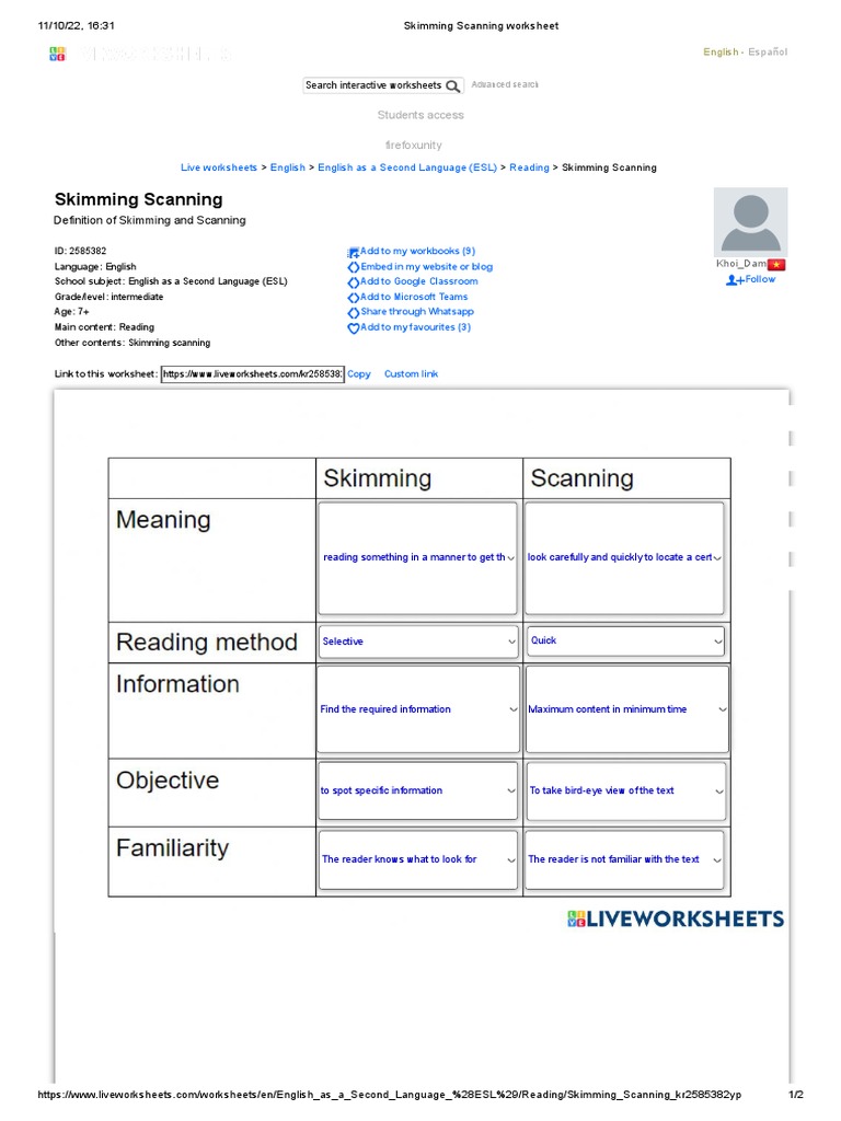 Skimming Scanning Worksheet | PDF | English As A Second Or Foreign ...