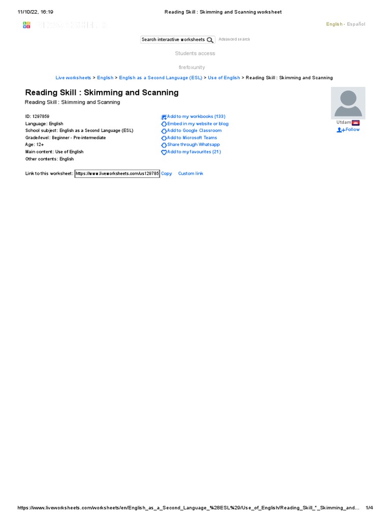 Reading Skill - Skimming and Scanning Worksheet | PDF | English As A ...