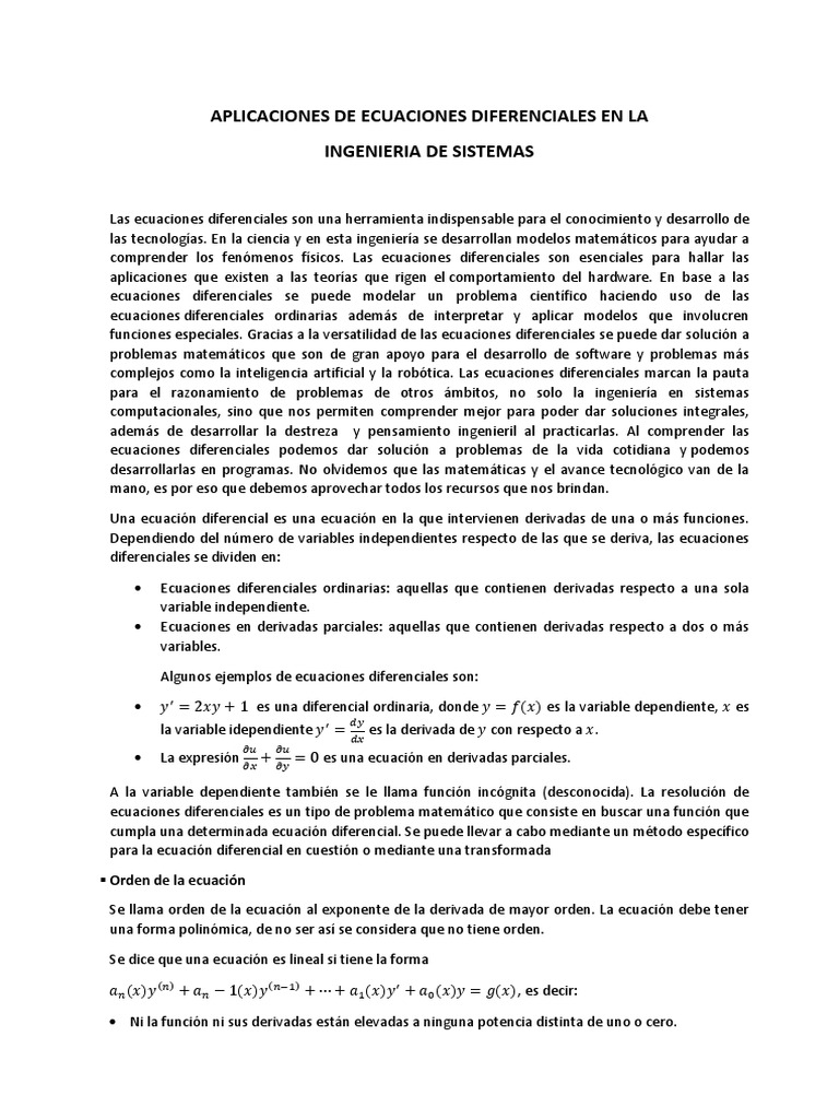 Aplicaciones de Ecuacion Diferenciales en La Ingenieria de Sistemas | PDF | Ecuaciones ...
