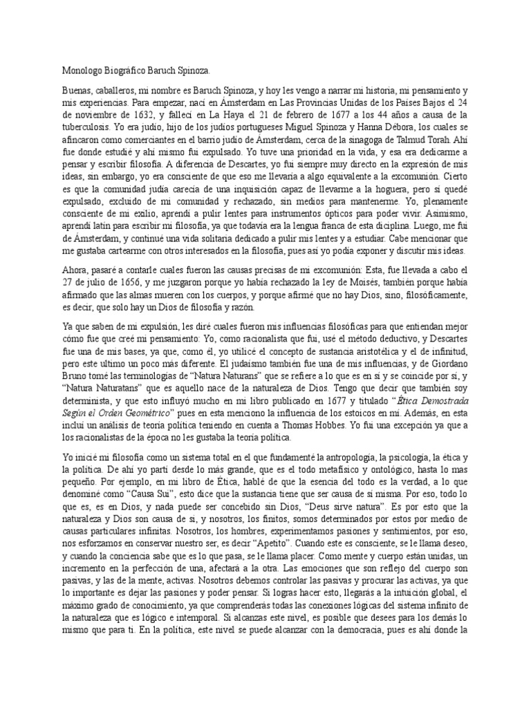 Monólogo sobre Baruch Spinoza y su Filosofía | PDF | Baruch Spinoza | René Descartes