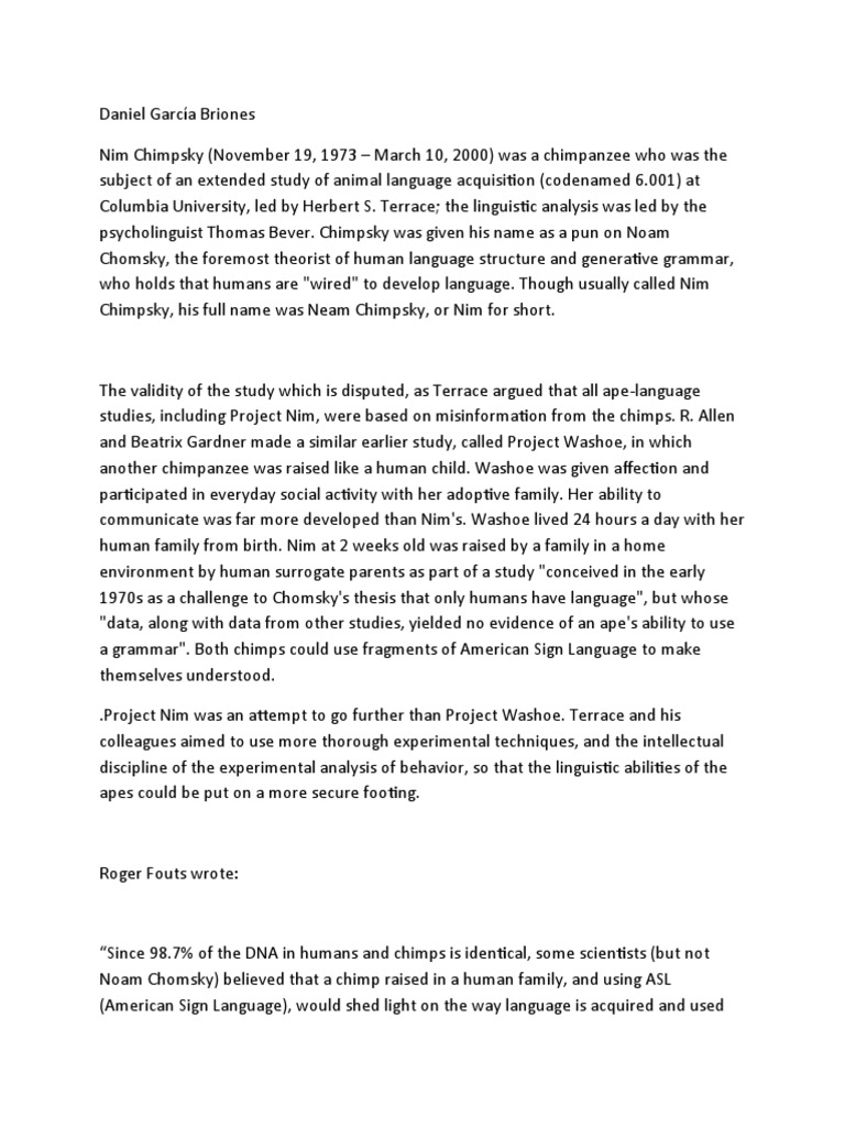 Nim Chimpsky Language Study | PDF | Cognition | Behavioural Sciences