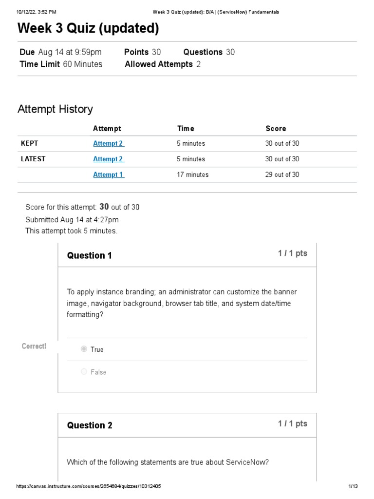 Week 3 Quiz (Updated) - B - A - (ServiceNow) Fundamentals | PDF | Databases | Table (Database)