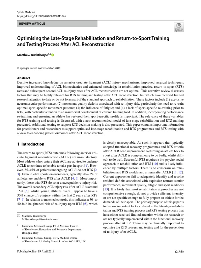 Optimising The Late Stage Rehabilitation and Return To Sport Training ...
