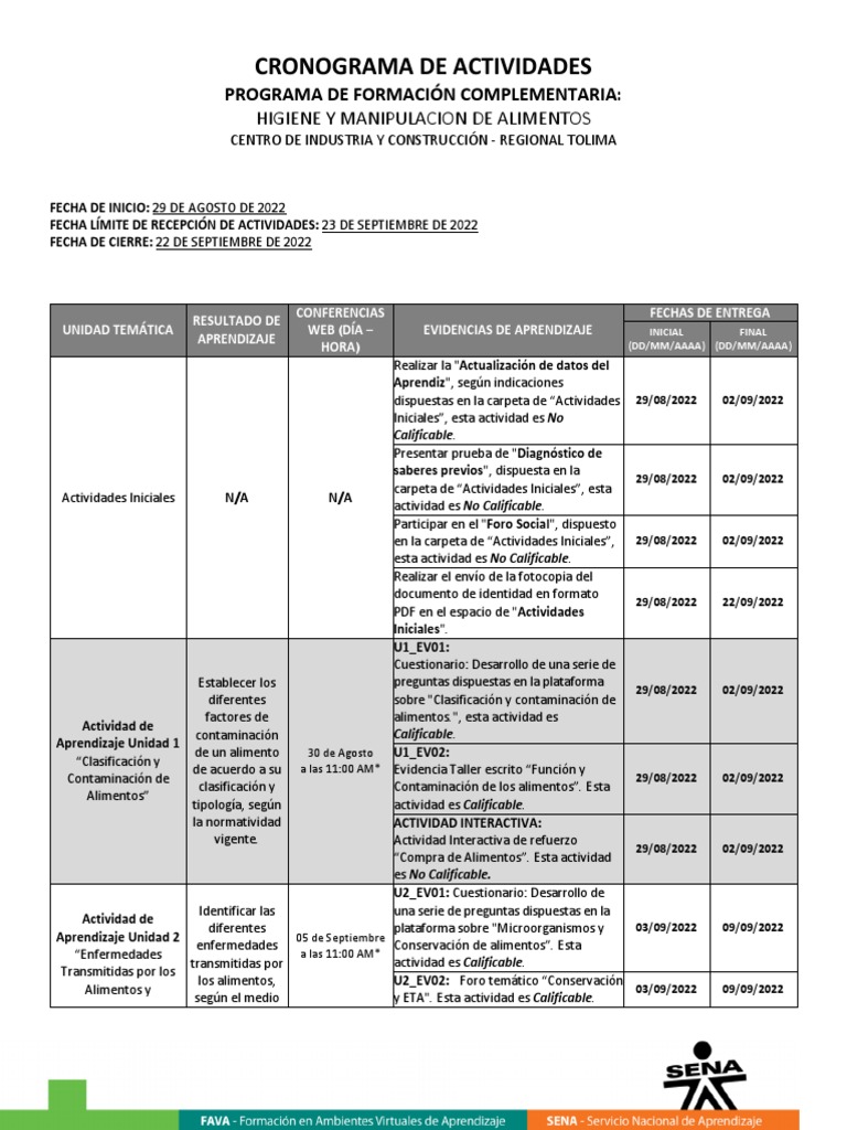 Cronograma de Actividades: Programa de Formación Complementaria | PDF