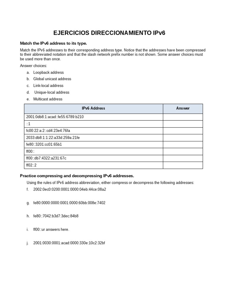 Ejercicios IPv 6 | PDF
