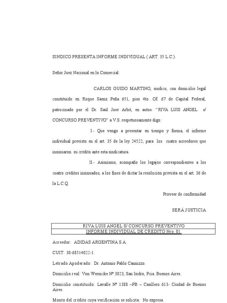 Modelo de Informe Individual Del Sindico | PDF | Pagos | Derecho empresarial