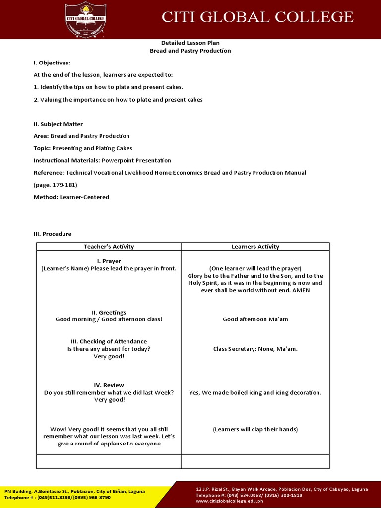 Presenting and Plating Cakes (01!21!22-19) | PDF | Cakes | Lesson Plan