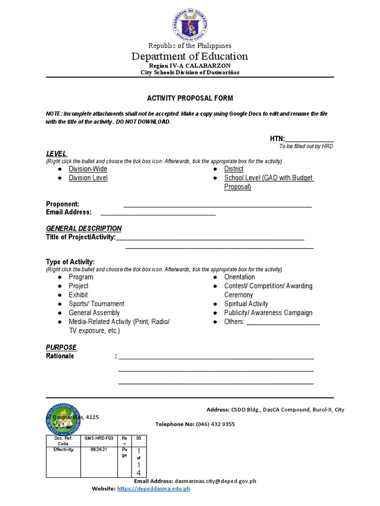 QMS-HRD-F03 Activity Proposal Form - REV05 | PDF | Gender | Gender Studies
