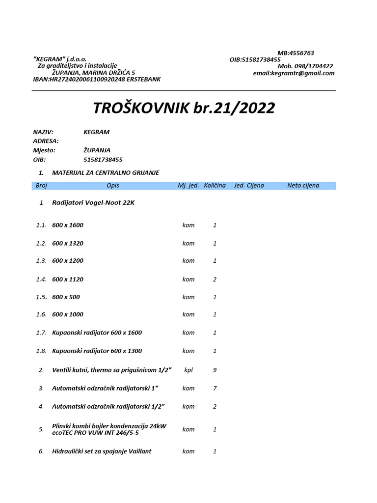 Troškovnik 21-2022troškovnik Lenić, Bošnjaci | PDF
