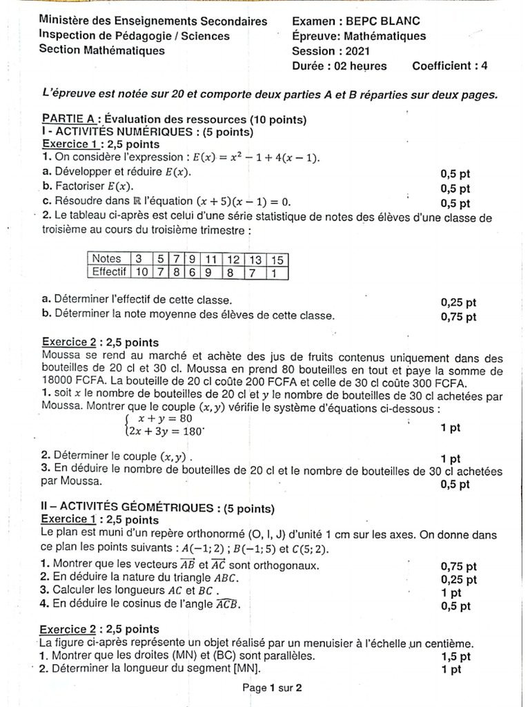 Epreuve Zero Maths BEPC 2021 | PDF