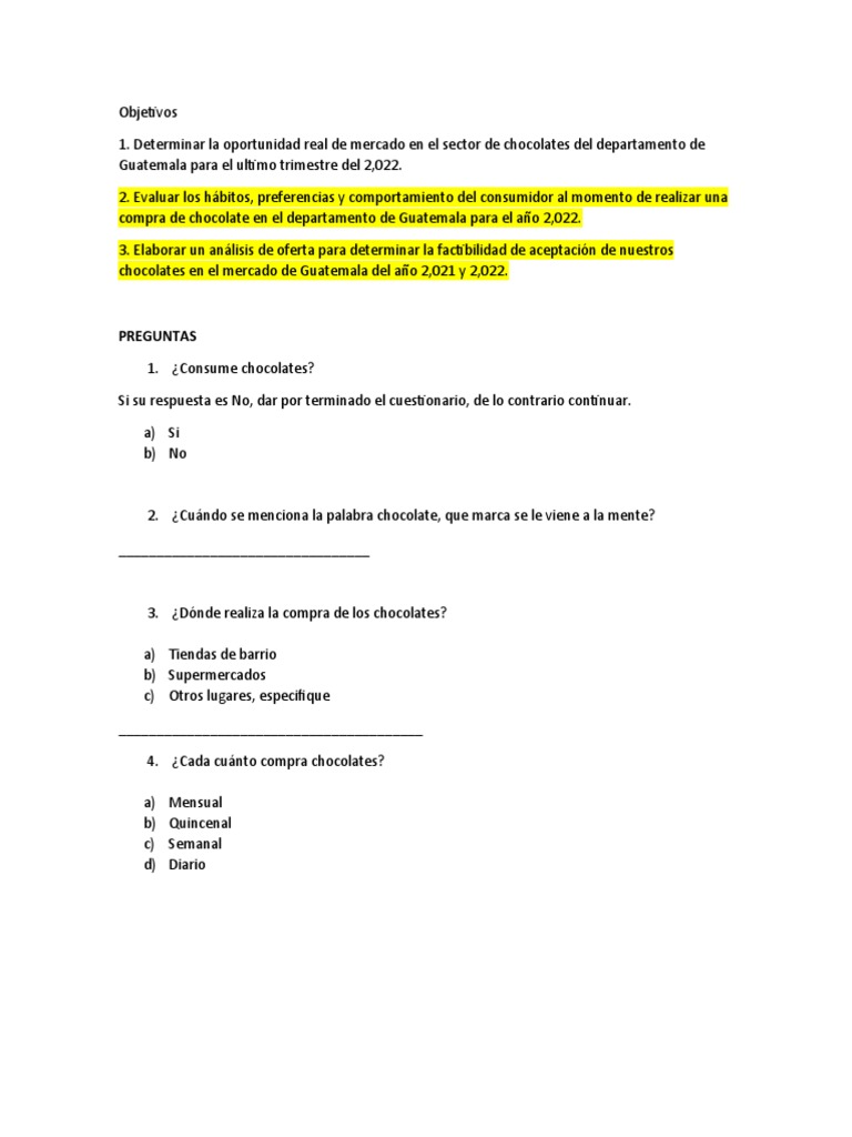 Preguntas Cuestionario Chocolate | PDF