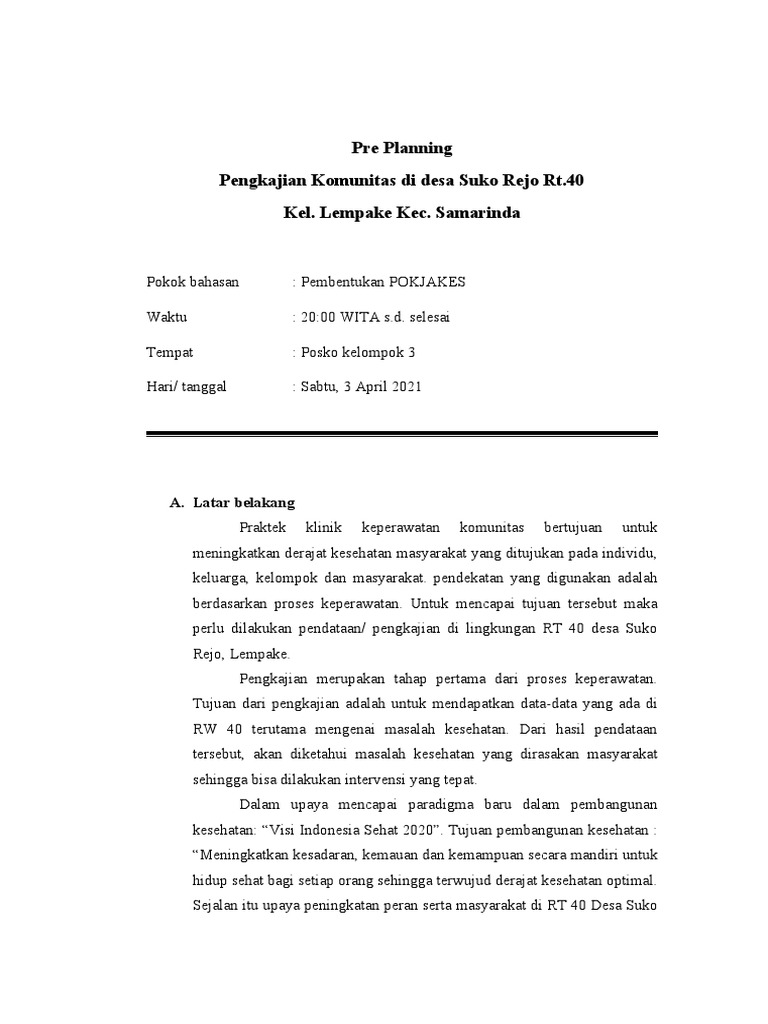 Pre Planning Kel 3 Komunitas | PDF