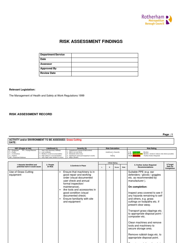 Grass Cutting Risk Assessment Guide | PDF | Personal Protective ...