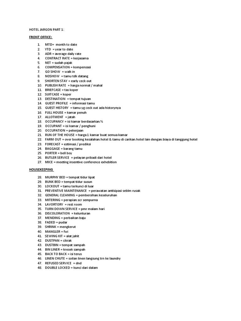 Hotel Jargon Glossary: Front Office, Housekeeping, F&B, Accounting ...