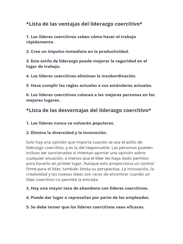 Ventajas y desventajas del liderazgo coercitivo | PDF