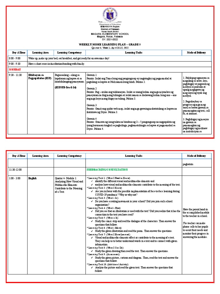 GRADE 5 - ALL SUBJECTS - WHLP - Q4 - W1 Edited | PDF