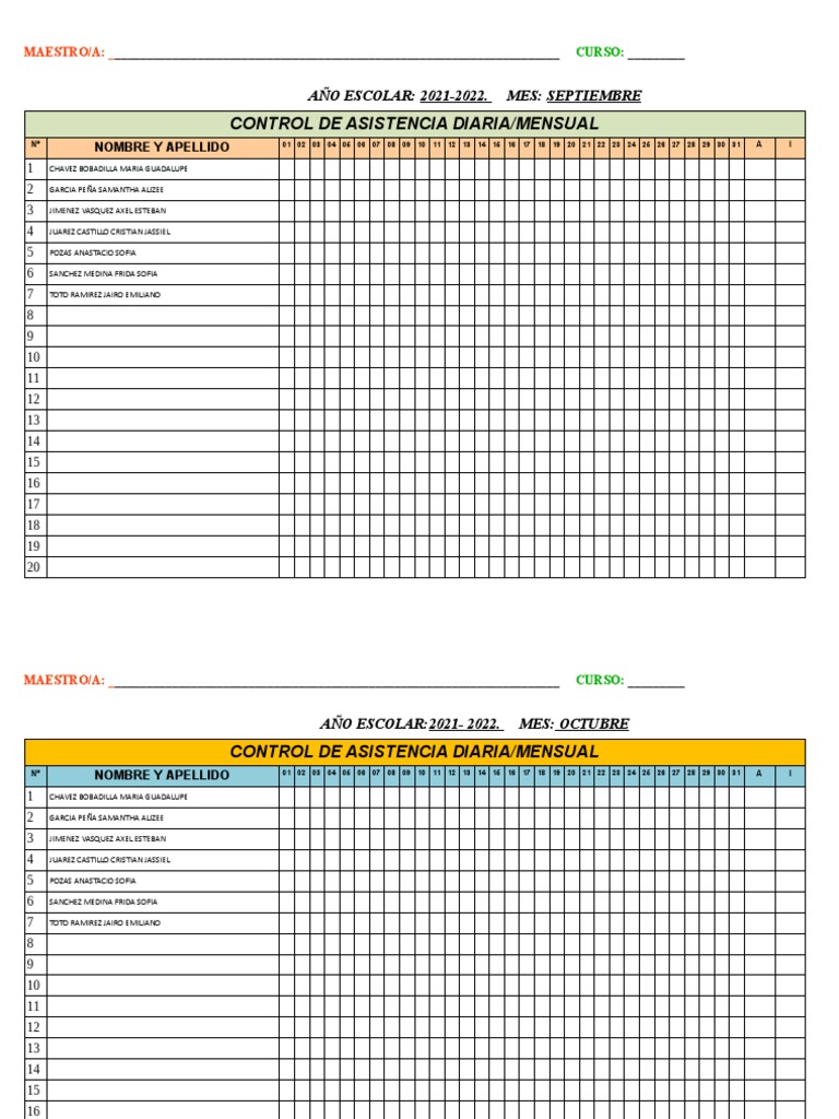 Control de Asistencia Diario Por Meses Editable | PDF
