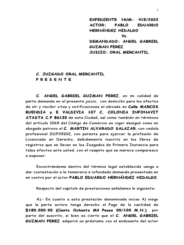 Contestación de Demanda Oral Mercantil | PDF | Demanda judicial | Justicia