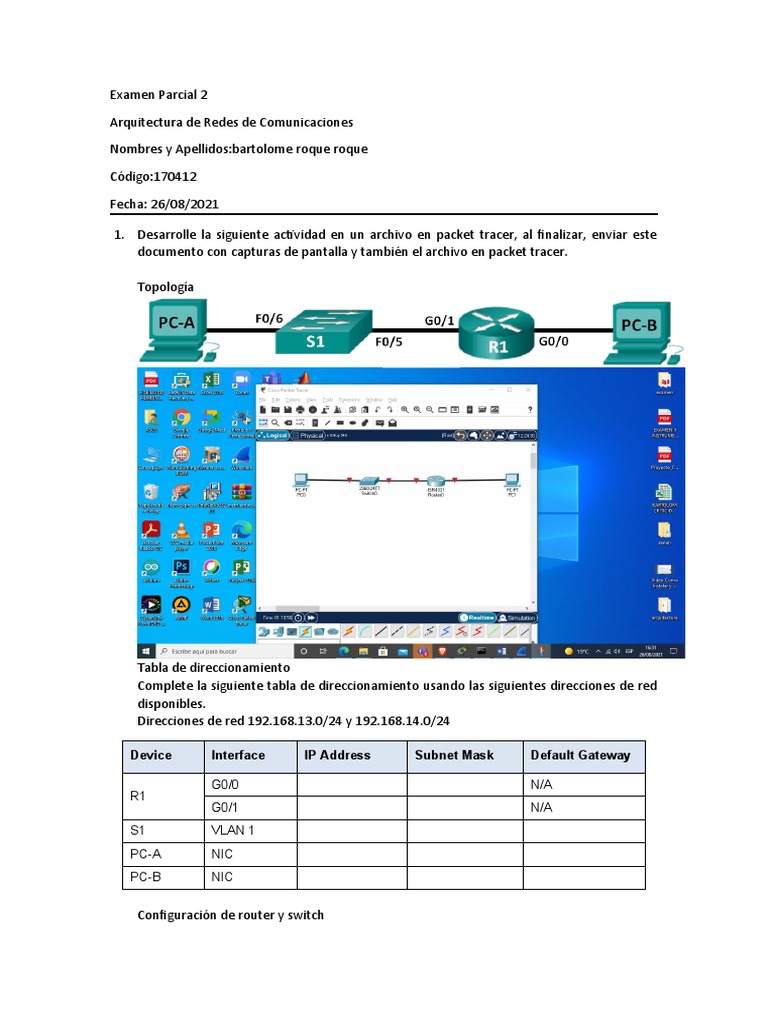 Device Interface IP Address Subnet Mask Default Gateway: R1 G0/0 N/A G0/1 N/A S1 Vlan 1 Pc-A NIC ...
