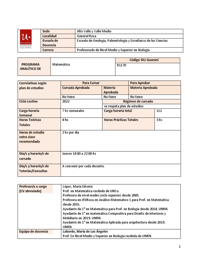 Programa de Mat - Biologìa (2022) | PDF