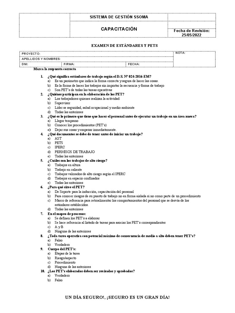 PG07-E03-SSOMA Examen de Estándares y PETS V.00 | PDF