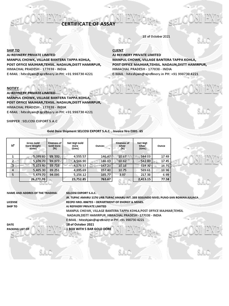 Analysis of Gold and Silver Content in Gold Dore Shipment from SELCOSI ...