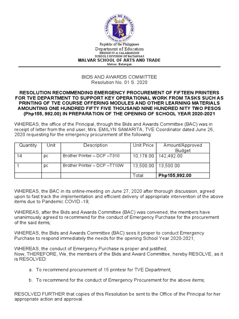 BAC Resolution Printers For TVE Dept | PDF