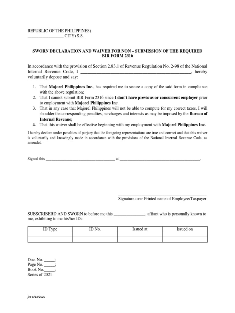 BIR Form 2316 - Waiver A | PDF