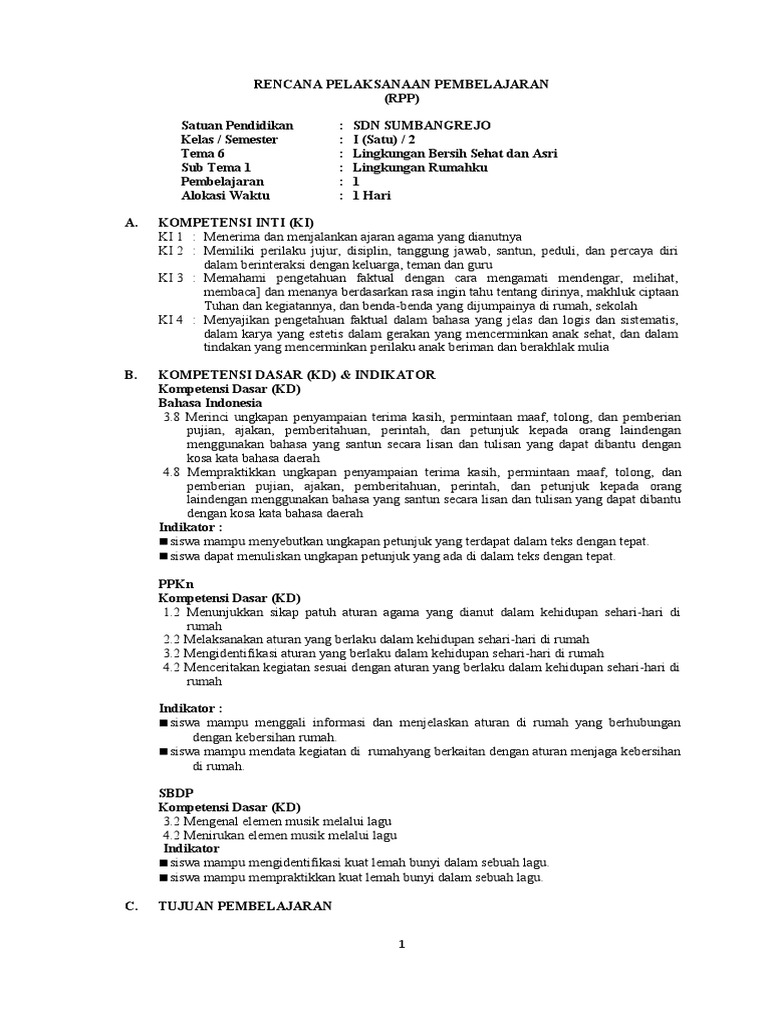 RPP SD Kelas 1 Tema 6 | PDF