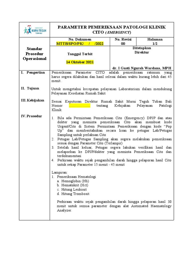 Spo Parameter Pemeriksaan Patologi Klinik Cito (Emergency) | PDF