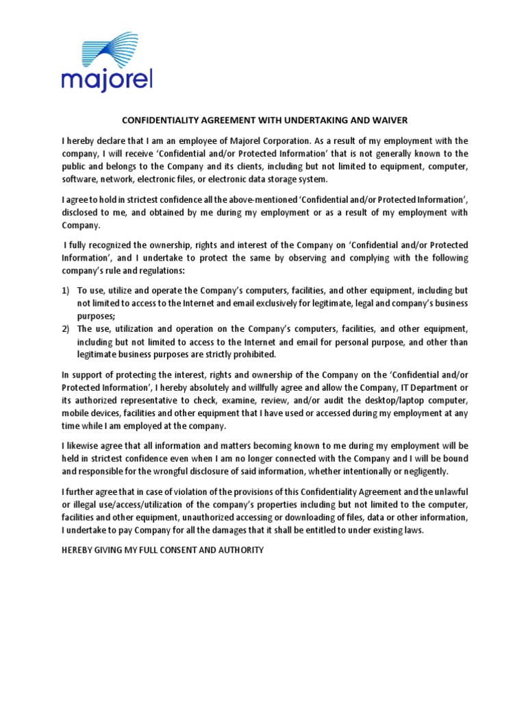 Confidentiality Agreement With Undertaking and Waiver | PDF ...