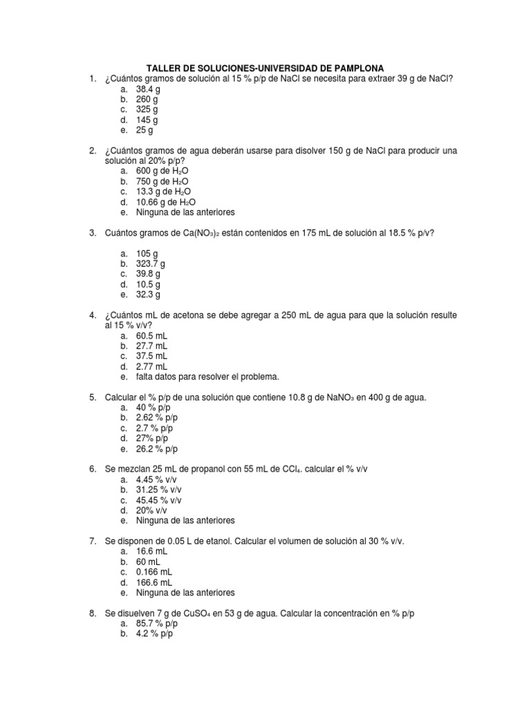 Taller de Soluciones | PDF | Concentración | Ácido clorhídrico