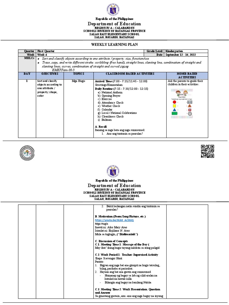Kindergarten Weekly Learning Plan Week 3 | PDF