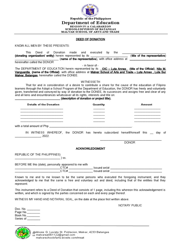 Brigada SY 2021-2022-DEED OF DONATION, - Luta Annex, ACKNOWLEDGEMENT and CERTIFICATE OF ...