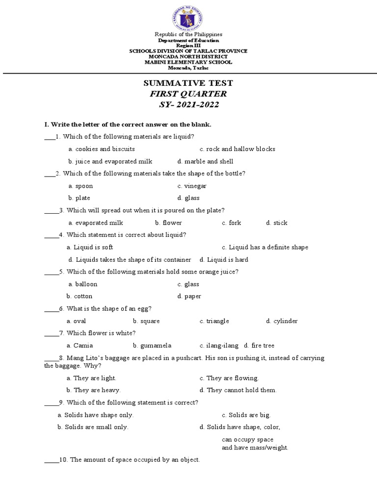 Philippines Elementary School Summative Test | PDF | Water | Gases