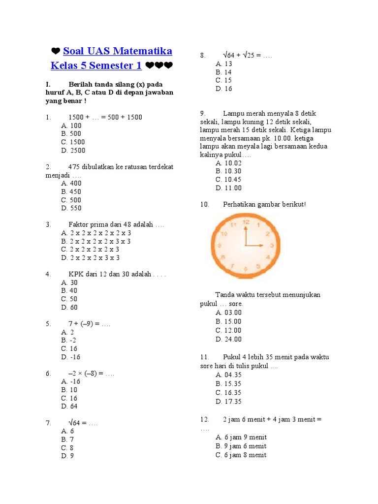 Soal UAS Matematika Kelas 5 Semester 1 | PDF