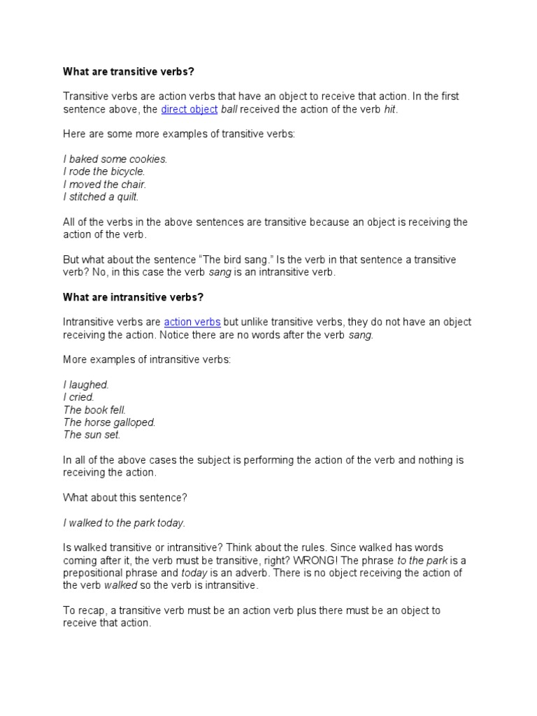 Transitive and Intransitive Verbs | PDF | Verb | Object (Grammar)