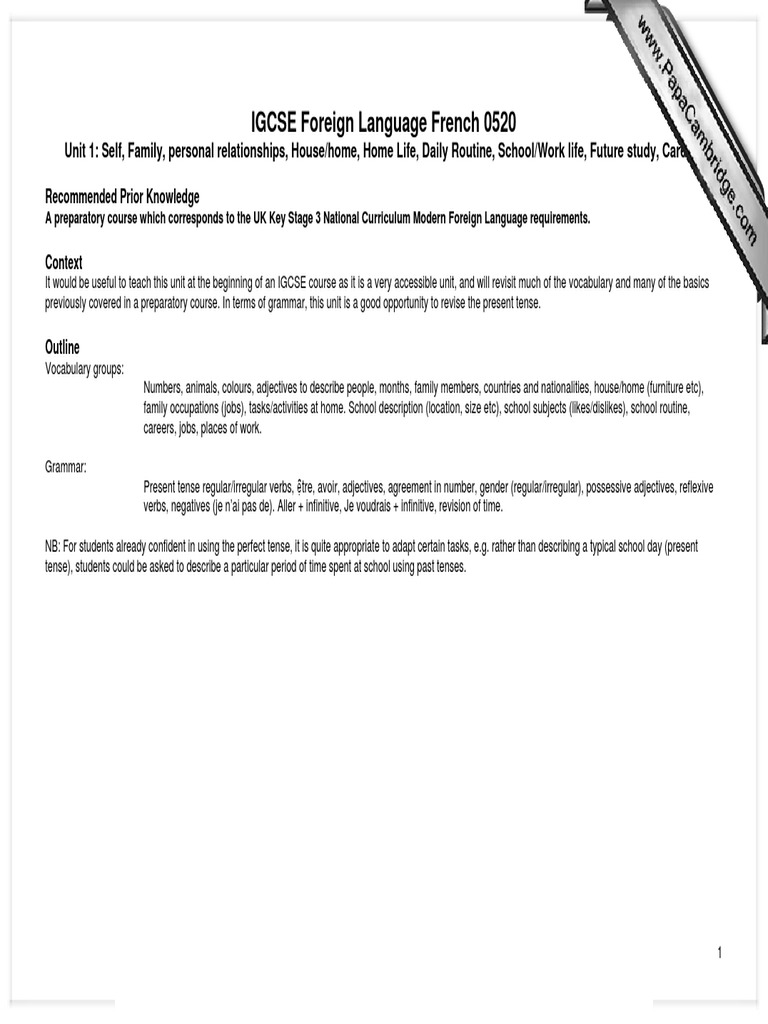 IGCSE French: Self & School Life | PDF