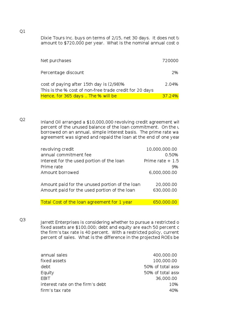 Working Cap MGMT Questions Solution | PDF | Debt | Loans