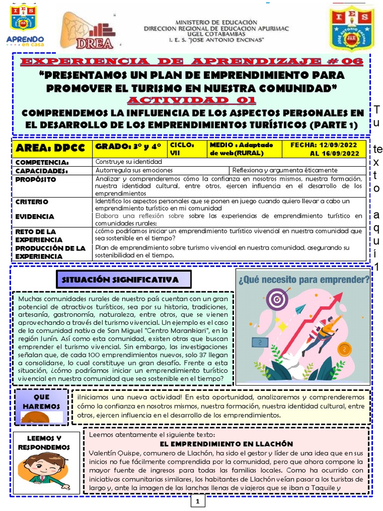 DPCC 3° y 4° RURAL EXP. 6 Sesion 1 | PDF | Turismo | Iniciativa empresarial