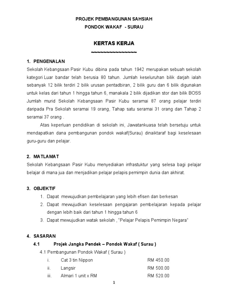 Kertas Kerja Pembangunan Pondok Wakaf | PDF