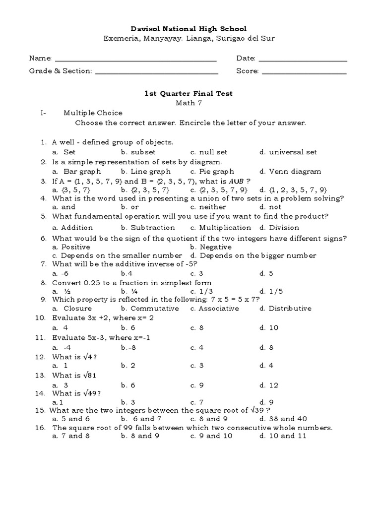 Math 7-1st Quarter Final Exam With TOS and Answer Key | PDF
