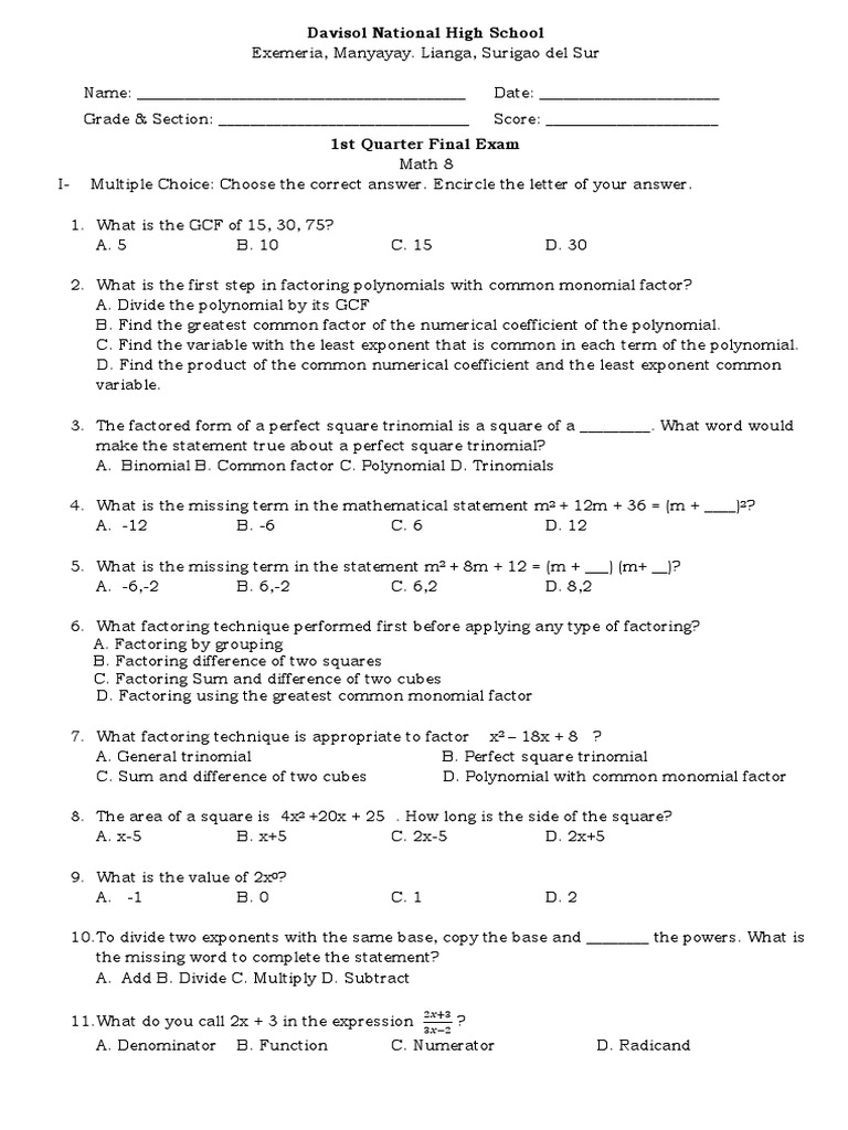 math 8-1st quarter final exam with TOS and answer key | PDF | Factorization | Polynomial