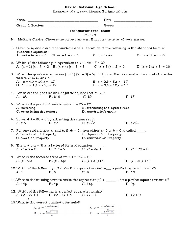 Math 9-1st Quarter Final Exam With TOS and Answer Key | PDF | Quadratic Equation | Mathematics