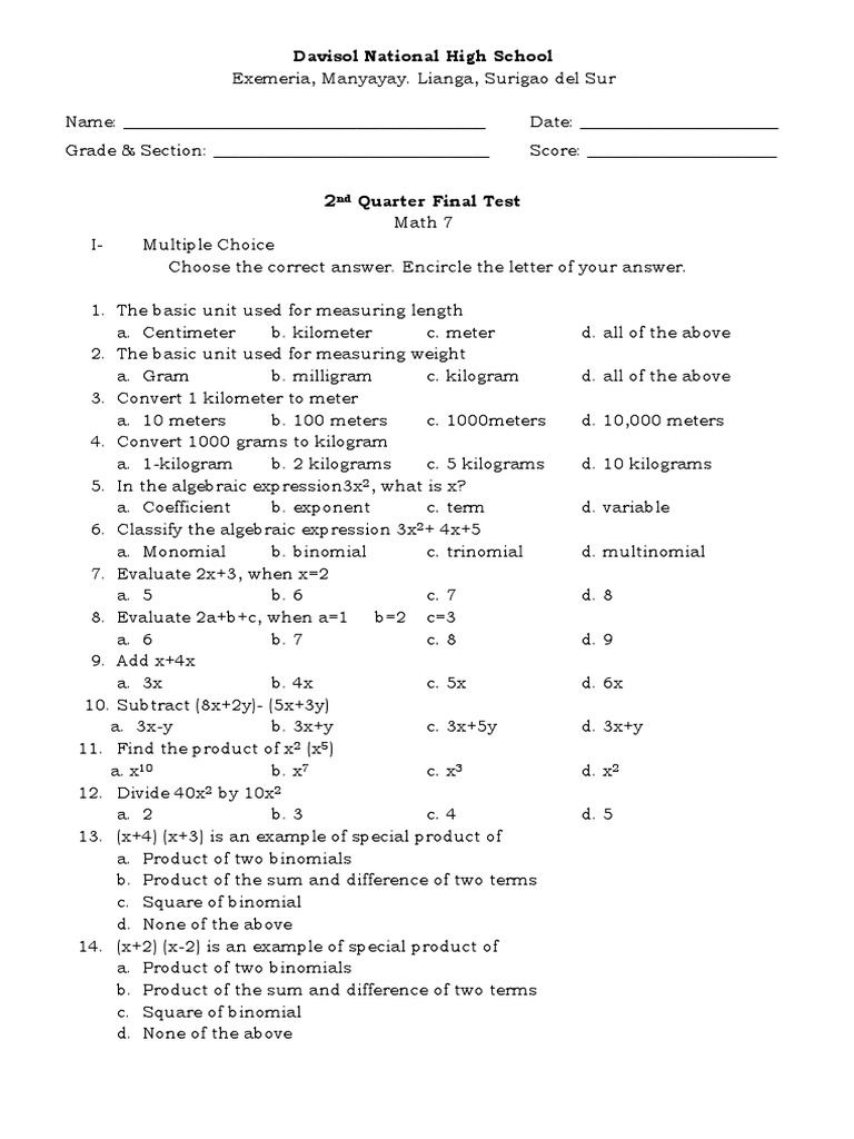 Math 7 2nd Quarter Test Document | PDF | Equations | Kilogram