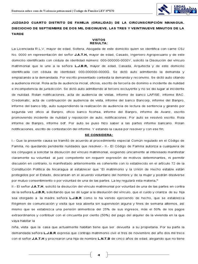 Sentencia Sobre Caso de Violencia Patrimonial - Codigo de Familia LEY ...