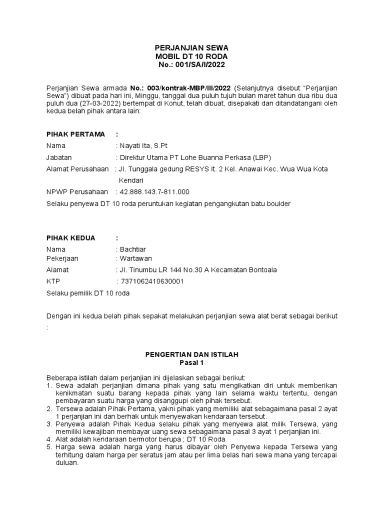 Draft Kontrak Armada 10 Roda | PDF