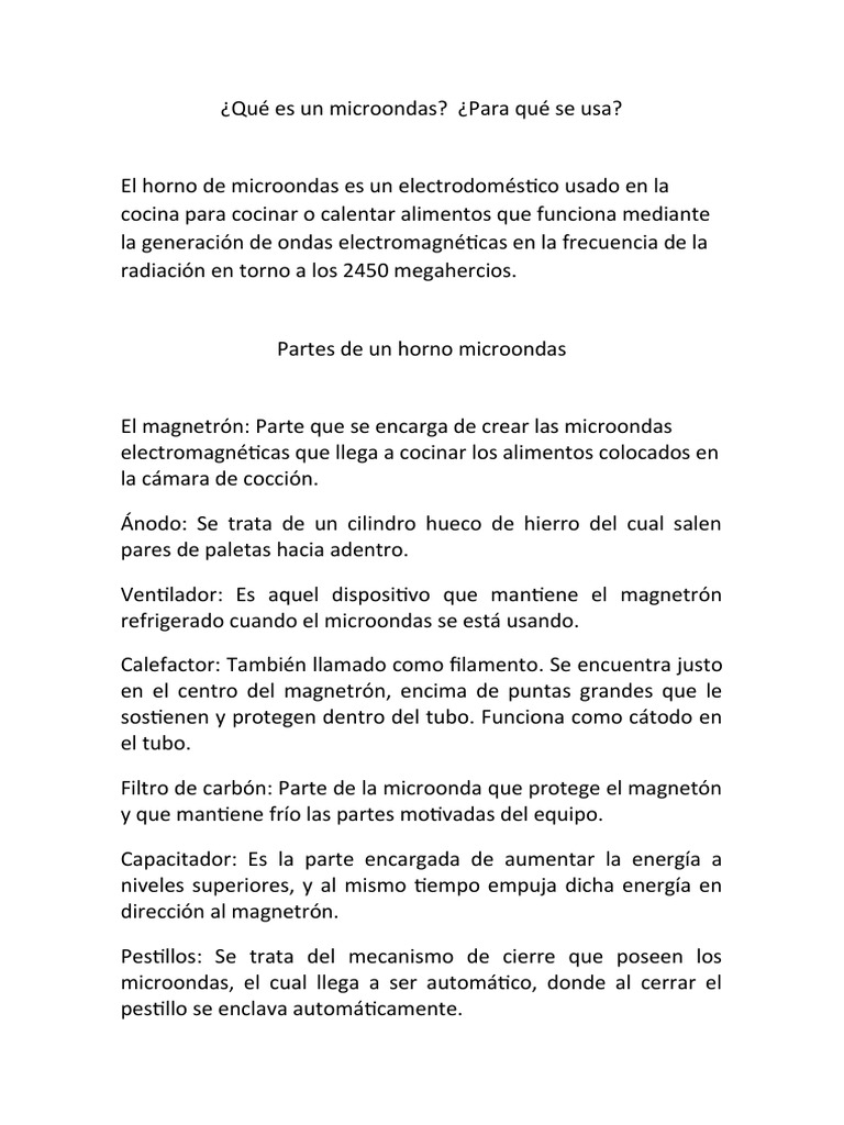 Funcionamiento y partes del microondas | PDF