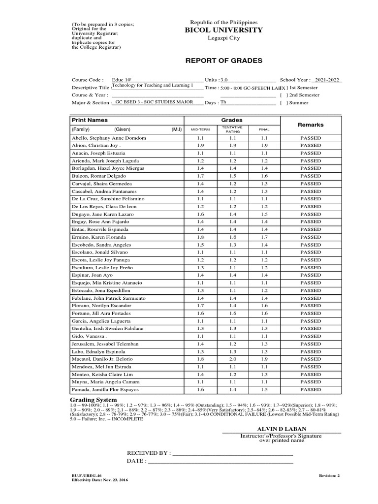 Bicol University: Report of Grades | PDF