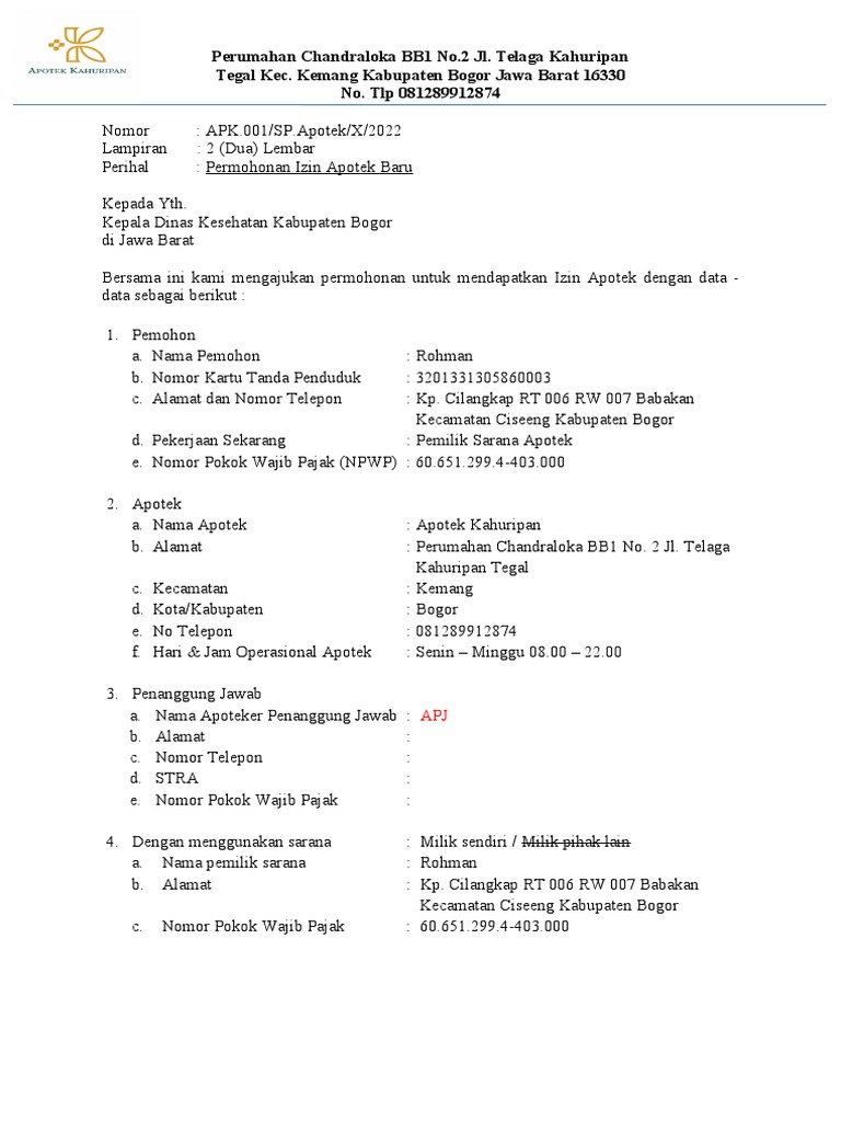 1.1 Surat Permohonan Izin Apotek | PDF